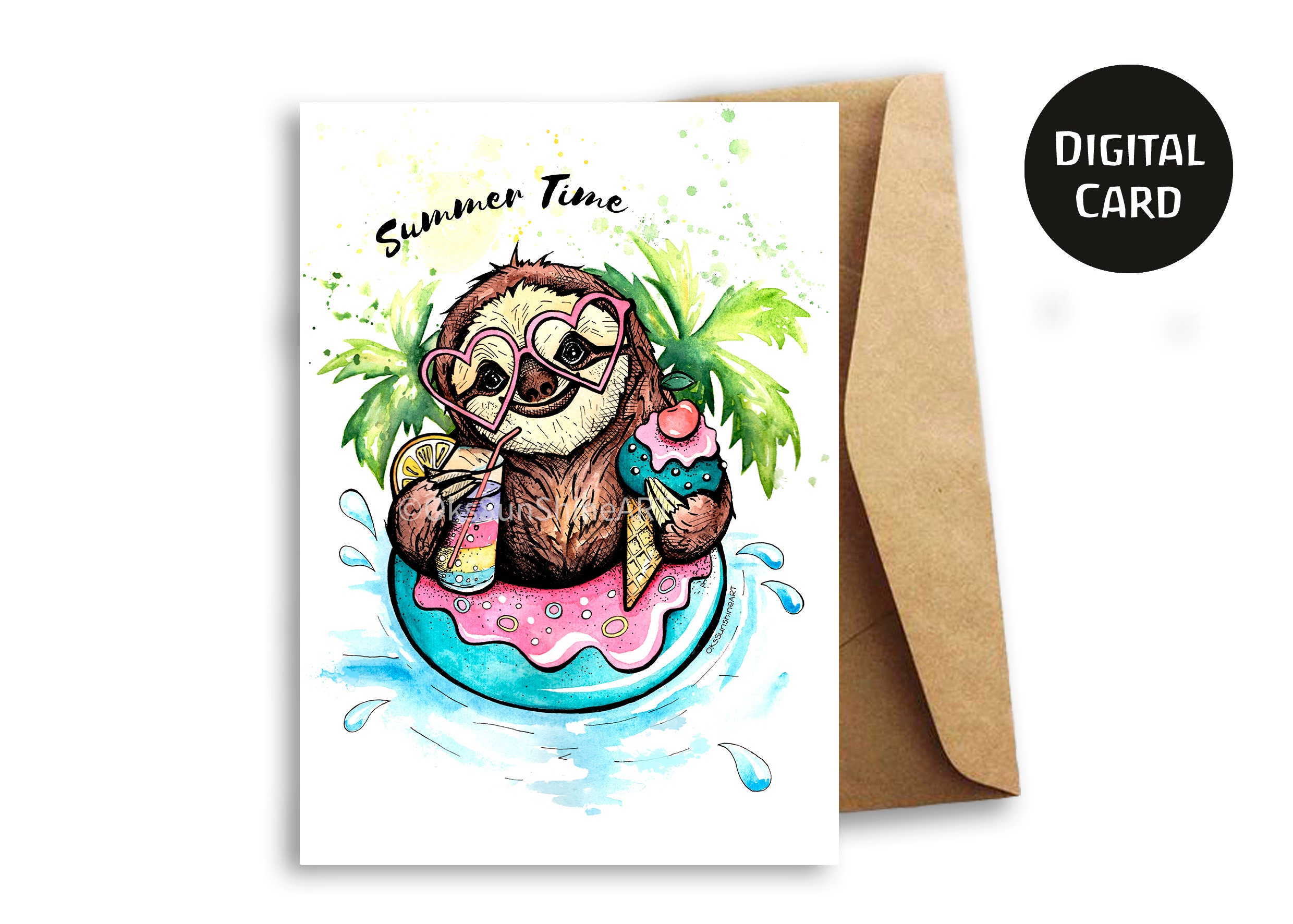 Cute sloth watercolor painting Digital download Sloth summer | Etsy