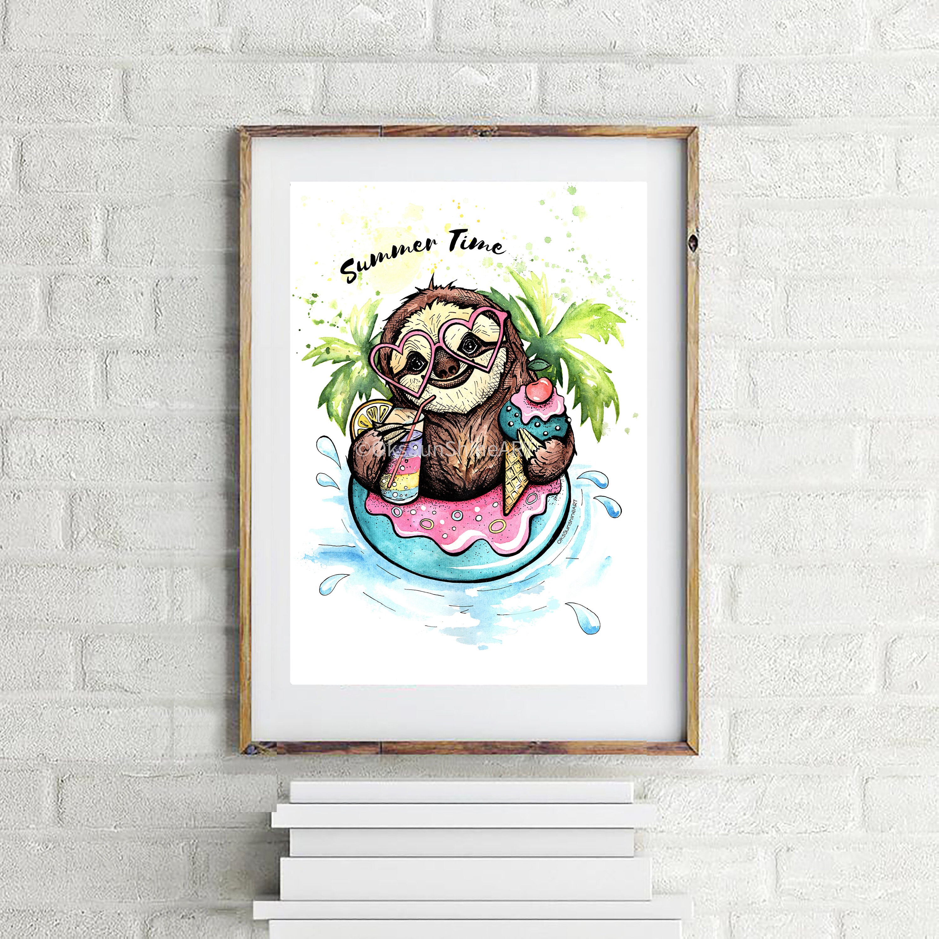 Cute sloth watercolor painting Digital download Sloth summer | Etsy