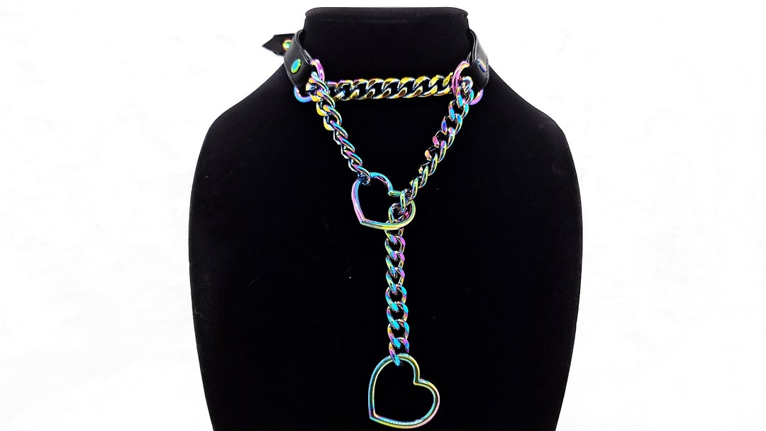 Made-to-order rainbow Slip Chain Heart Ring Faux-leather Buckle Collar ...