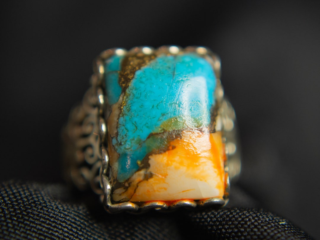Kingman Turquoise Blended Oyster Shell Rhodium Over Silver Ring Native ...