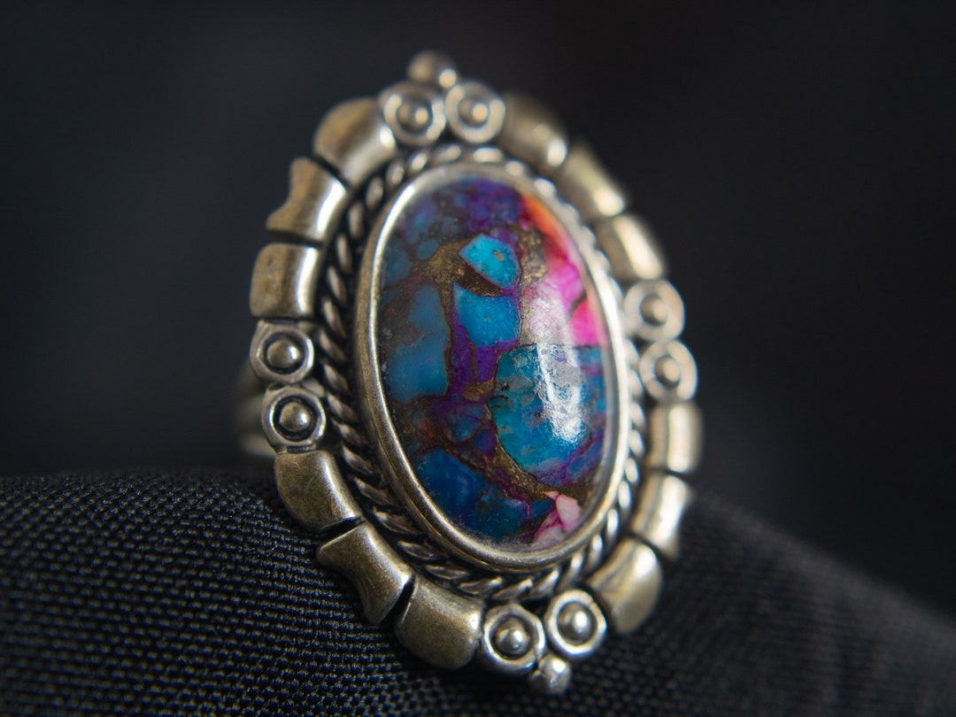 Purple Spiny Oyster Blended With Turquoise Rhodium Over Silver Ring ...
