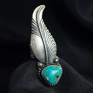 Navajo Turquoise Sterling Silver Feather Adjustable Ring, Measuring 3"l ...