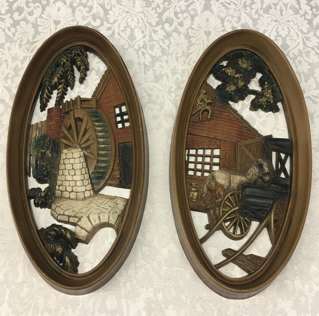 Vintage 60s Oval Wall Plaques Pair, Burwood Wall Hangings, Old Barn ...