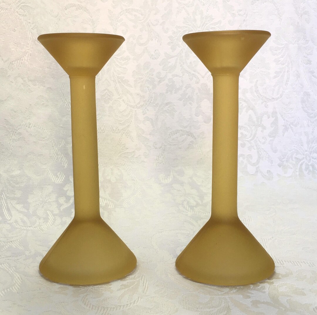 Vintage Frosted Satin Glass Candlesticks Golden Yellow Set of 2, Mod ...