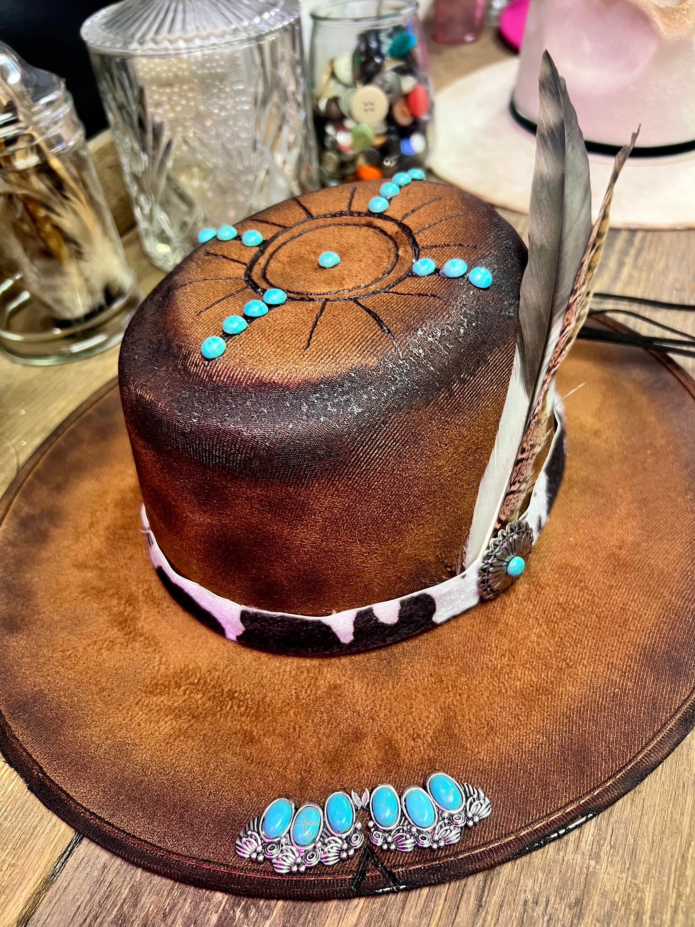 Distressed Rancher Hat Embellished With Turquoise - Etsy