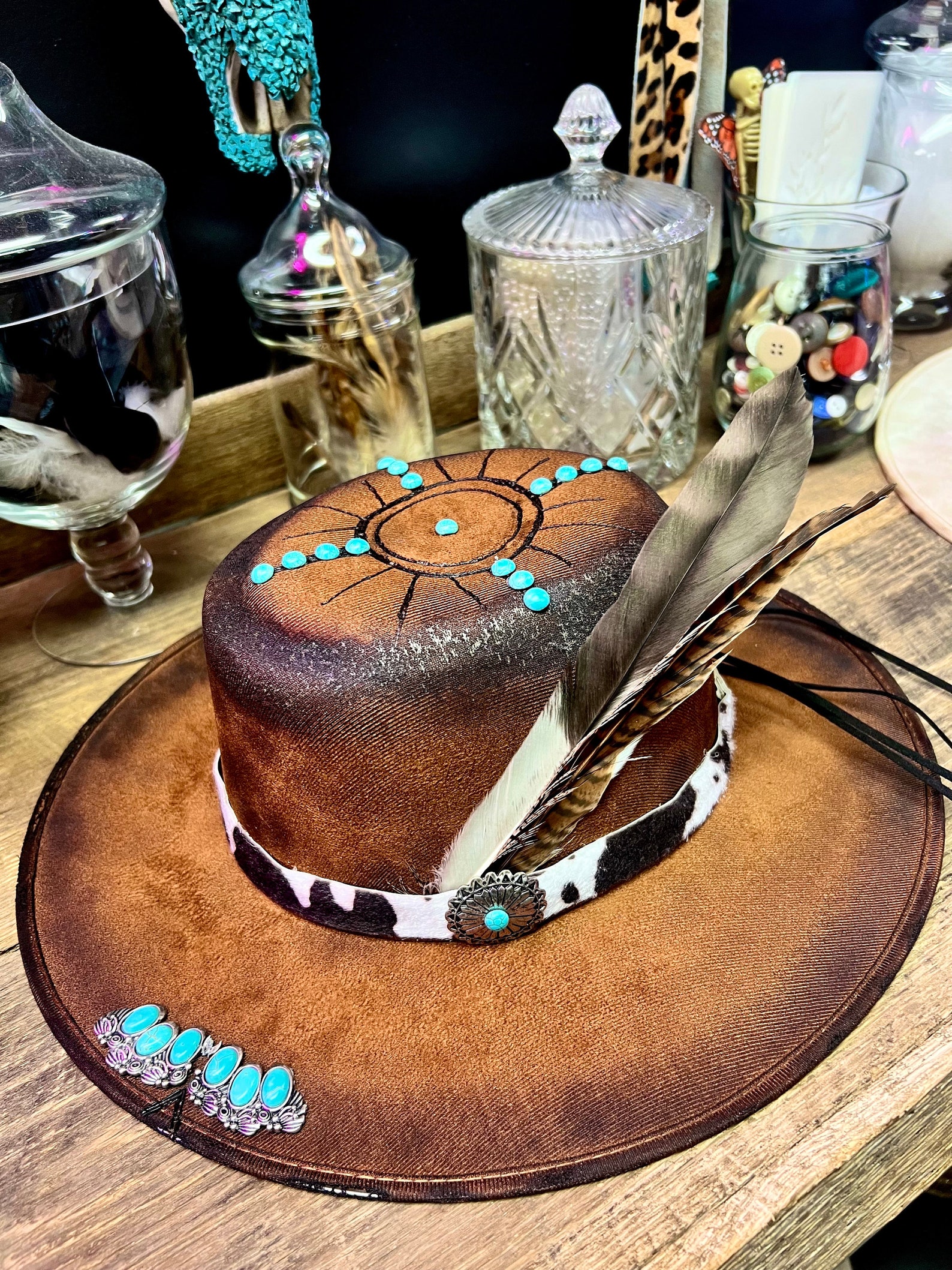 Distressed Rancher Hat Embellished With Turquoise - Etsy