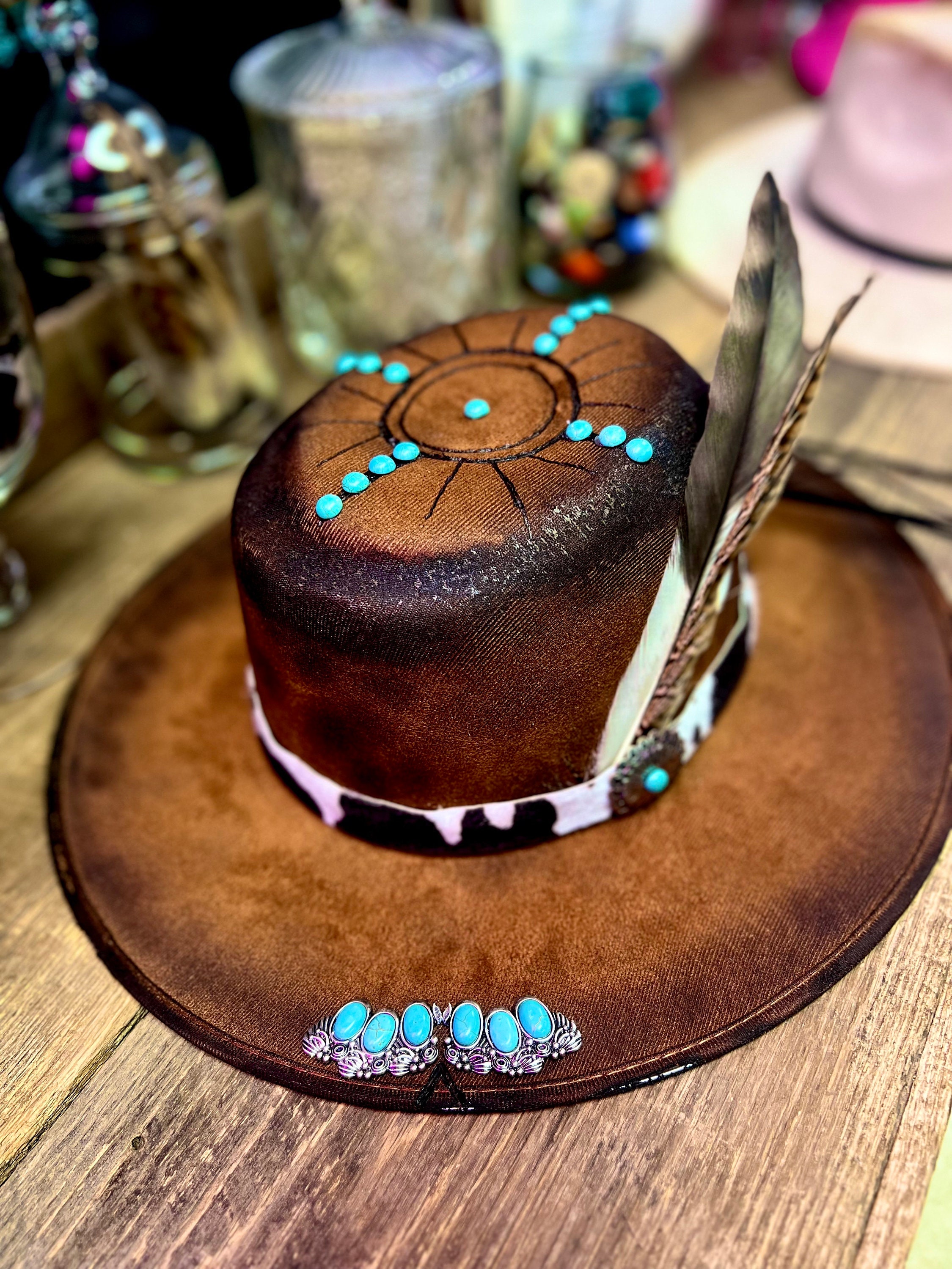 Distressed Rancher Hat Embellished With Turquoise - Etsy