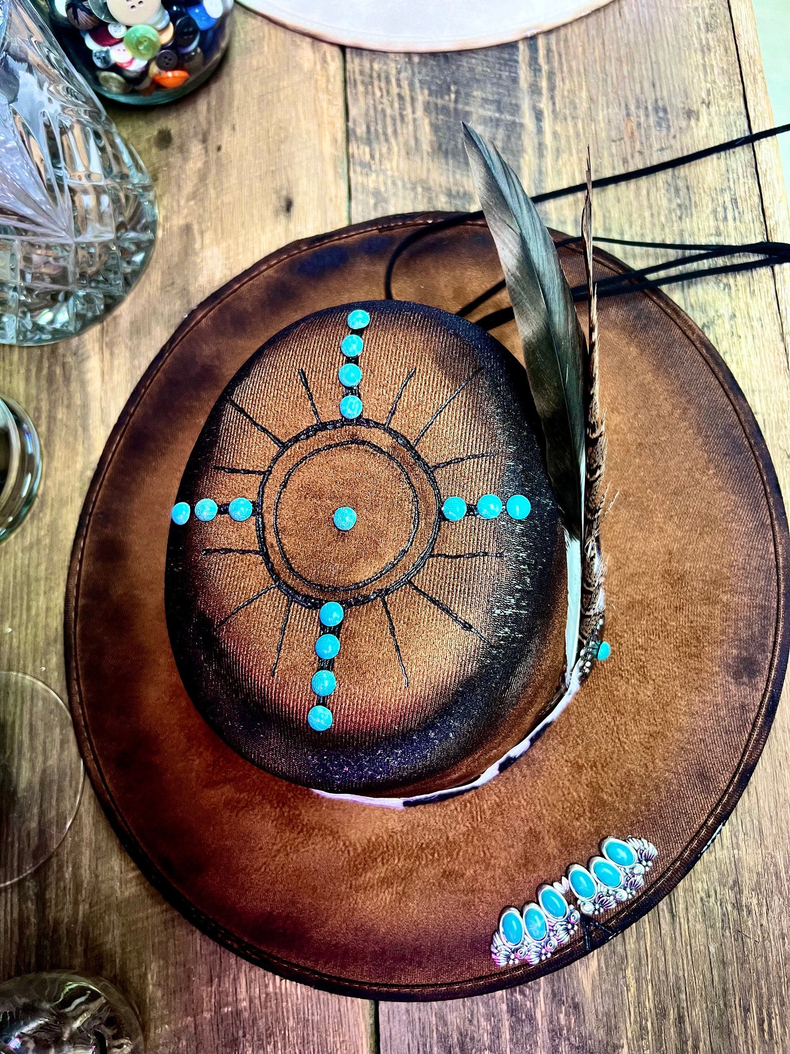 Distressed Rancher Hat Embellished With Turquoise - Etsy