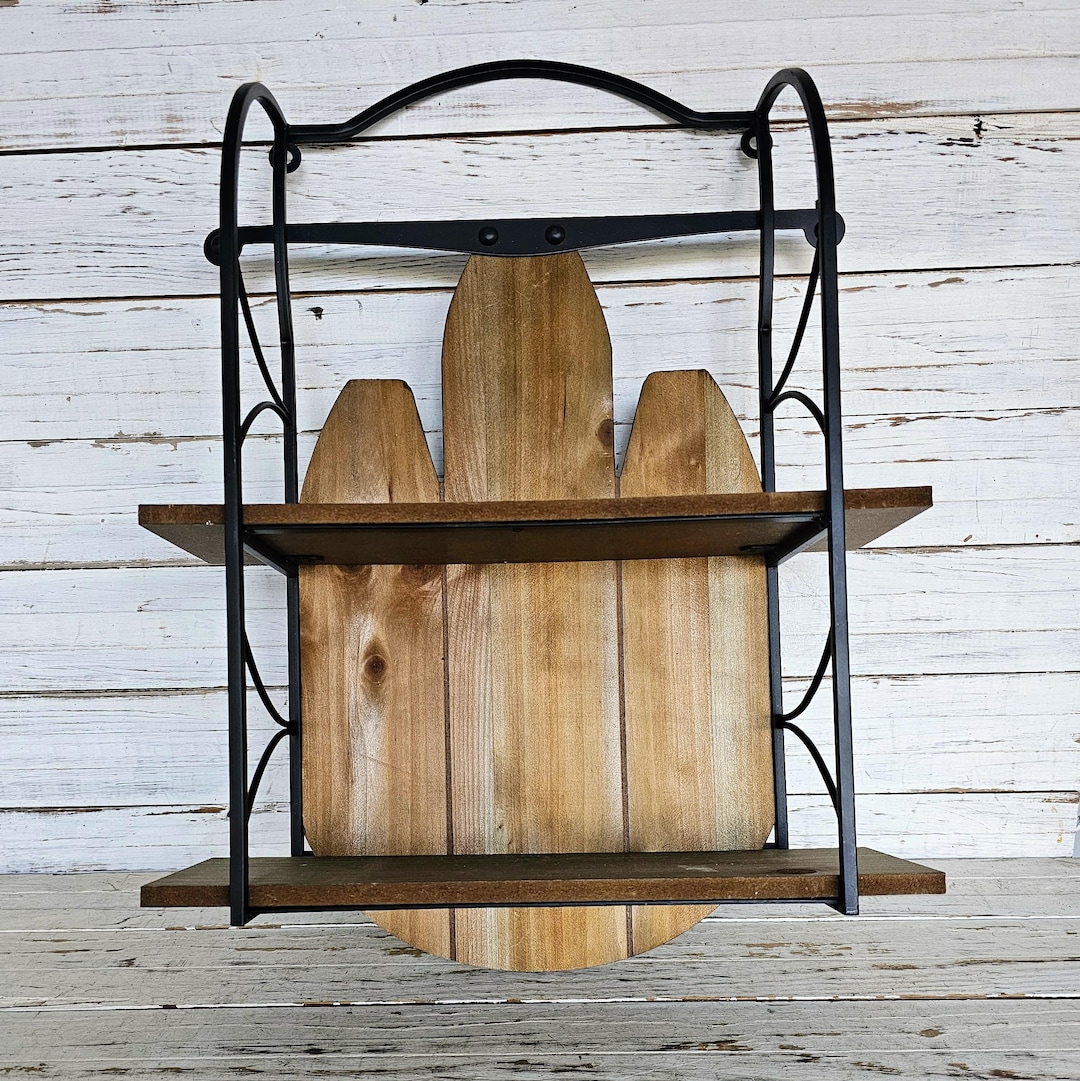Large Wrought Iron and Wood 2 Tier Shelf - Light Finish - Heavy Duty ...