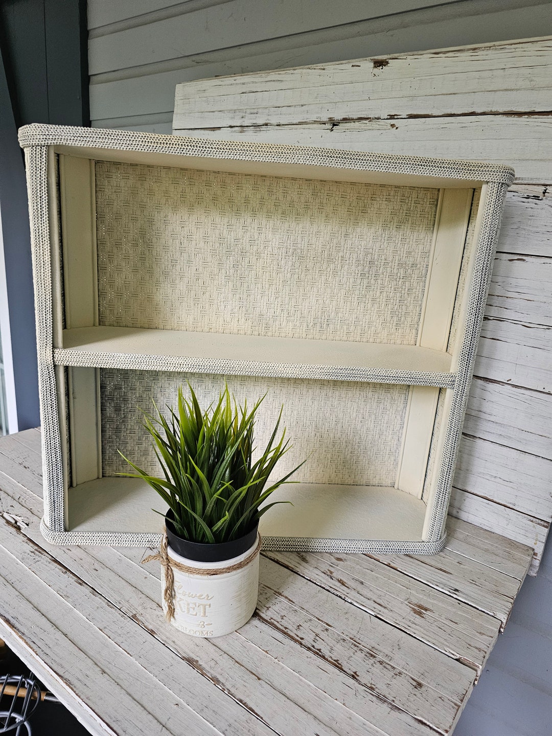 Vintage Woven Rattan Wall Shelf Painted off White - 2 Tier Wicker Shelf ...