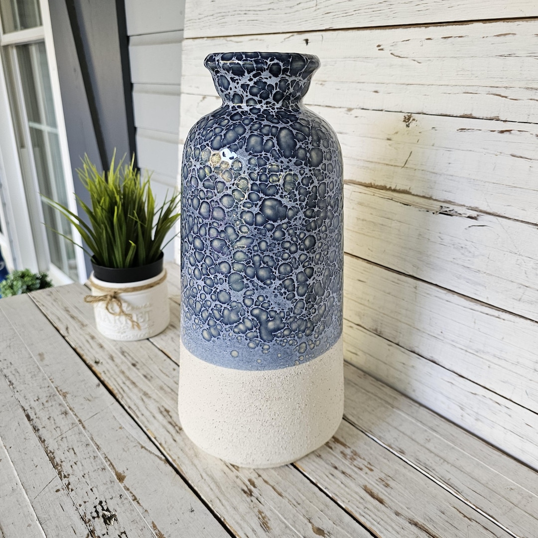 Stunning Tall Blue Ceramic Vase With Beige Base - Tall Speckled Blue ...