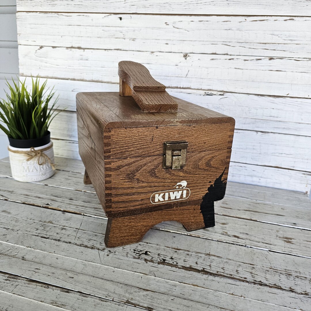 Vintage Kiwi Wooden Shoe Shine Box With 1 Kiwi Brush - Stains on the ...