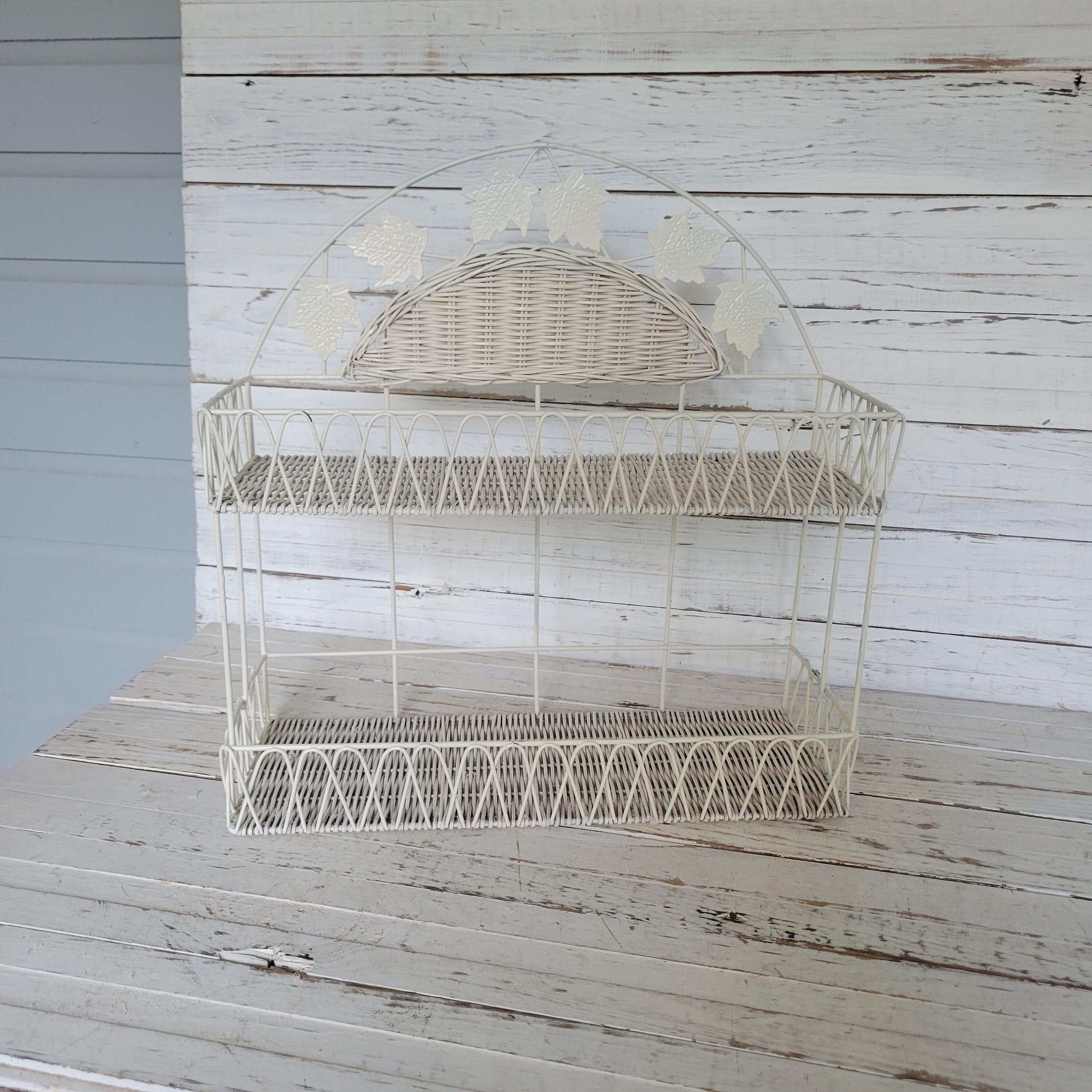Vintage Wicker and Wire Shelf 2 Tier Shelf Wooden Display Unit Wicker ...