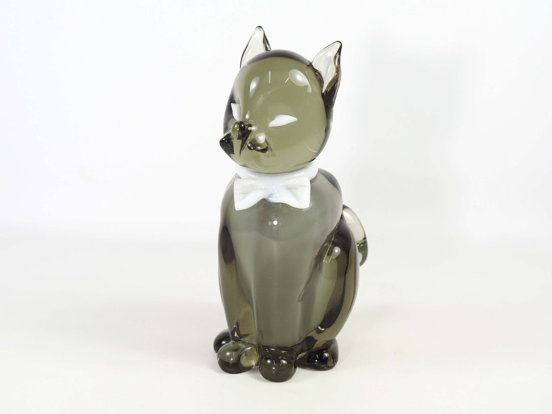Archimede Seguso Murano Sommerso Smokey Gray Glass Cat W/ Bow - Etsy