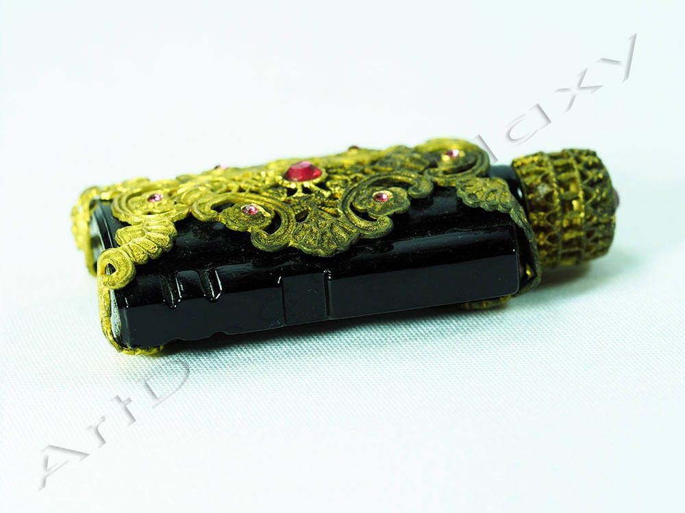 Art Deco Black Glass & Metal Frame Perfume Bottle | Etsy