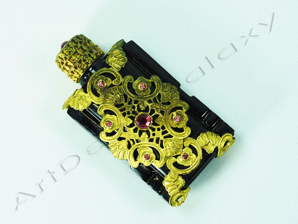 Art Deco Black Glass & Metal Frame Perfume Bottle | Etsy