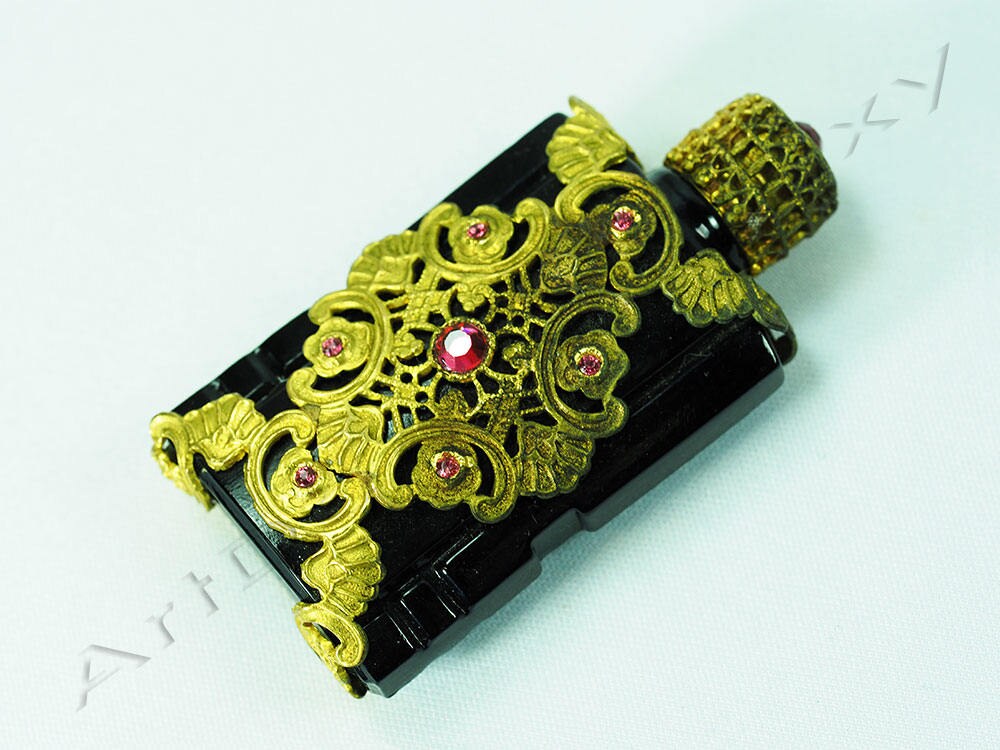 Art Deco Black Glass & Metal Frame Perfume Bottle | Etsy