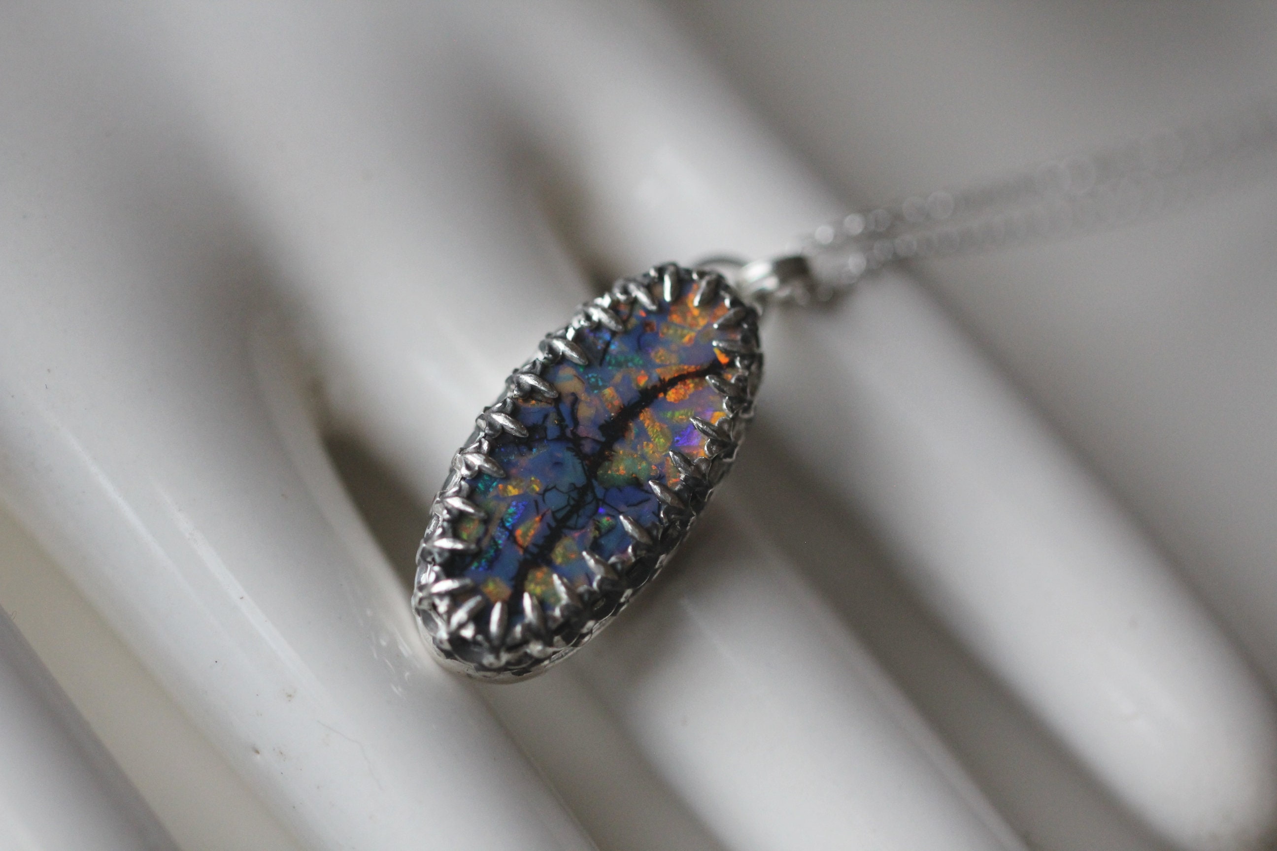Stained Glass Cultured Opal Necklace, Man Made Opal and Sterling Silver ...