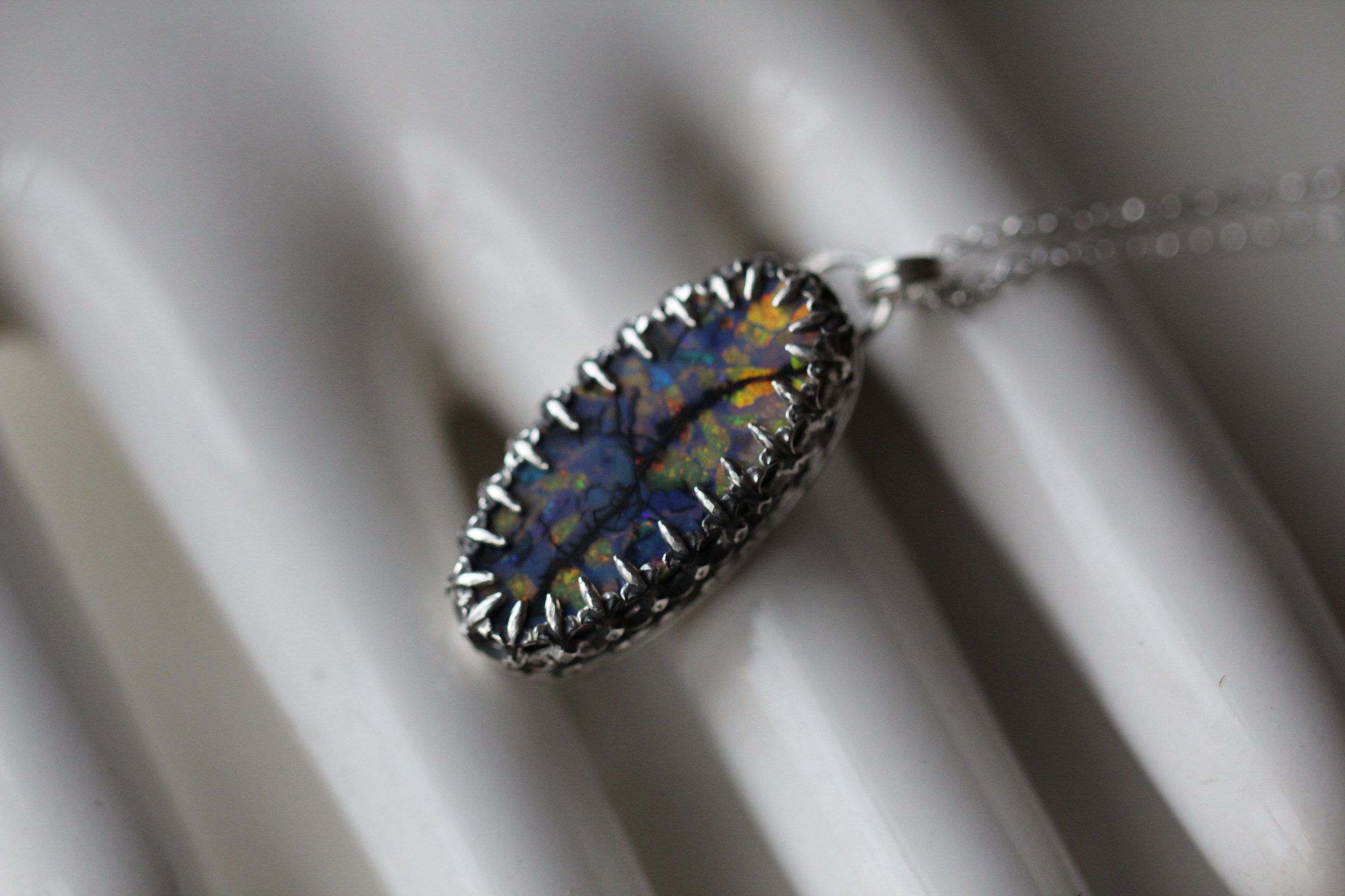 Stained Glass Cultured Opal Necklace, Man Made Opal and Sterling Silver ...
