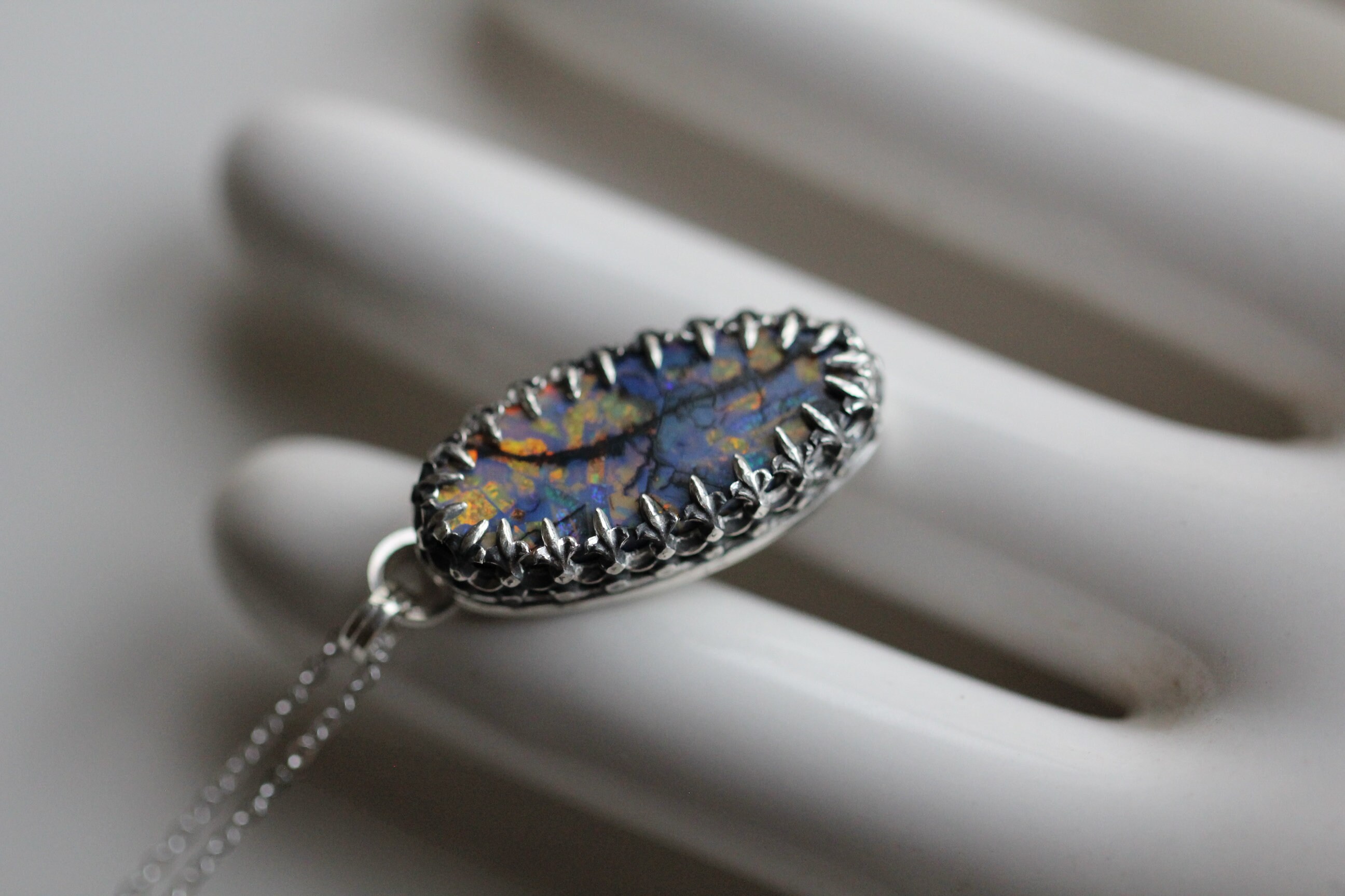 Stained Glass Cultured Opal Necklace, Man Made Opal and Sterling Silver ...