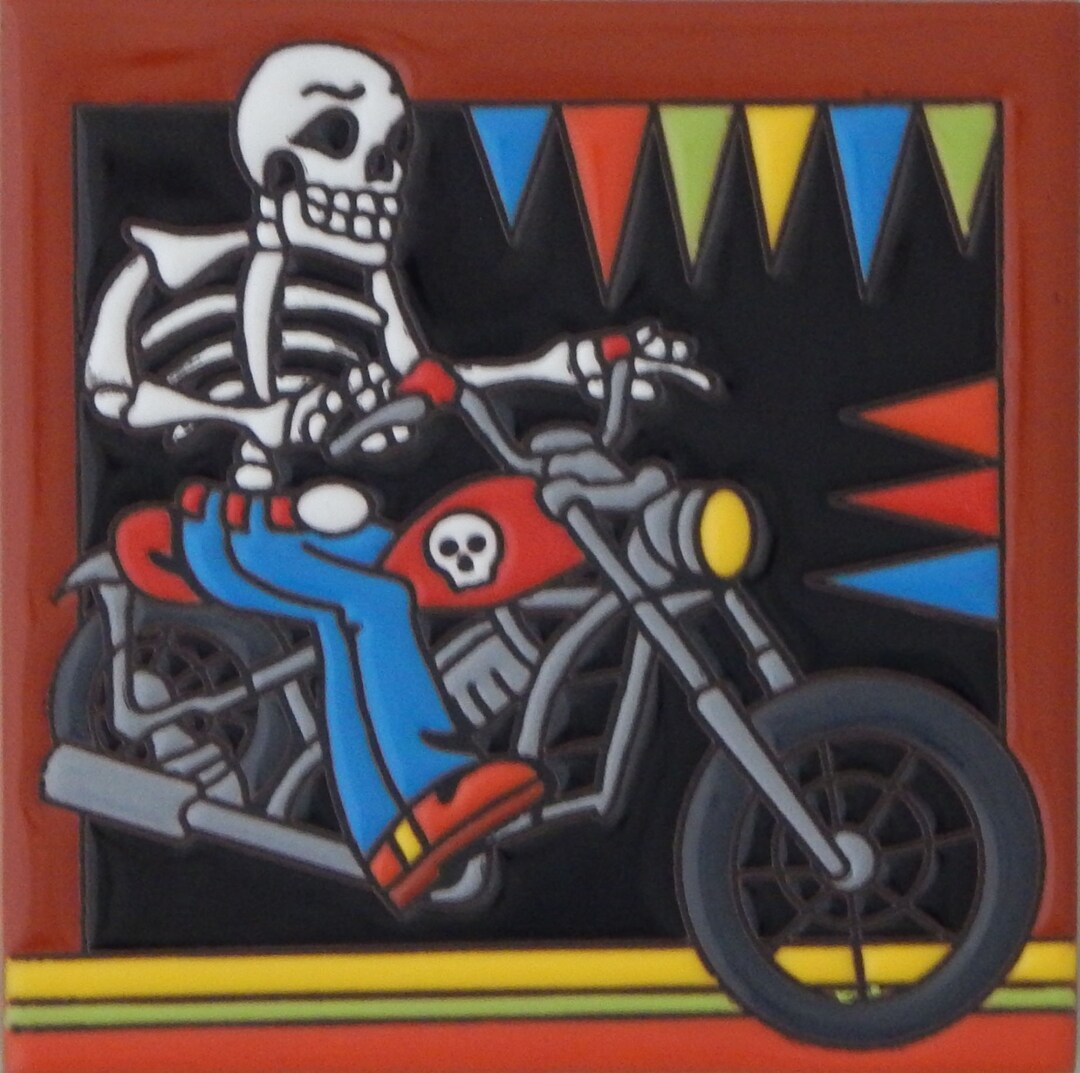 Handcrafted Day of the Dead Skeleton Tile Skull Motorcycle Biker ...