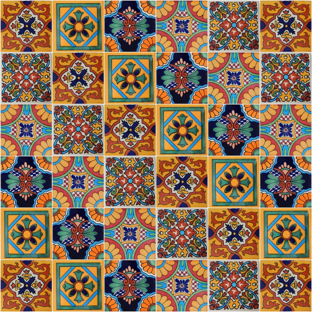 100 Pieces Mexican Talavera Tiles Handmade 5 Yellow Designs Mexican ...