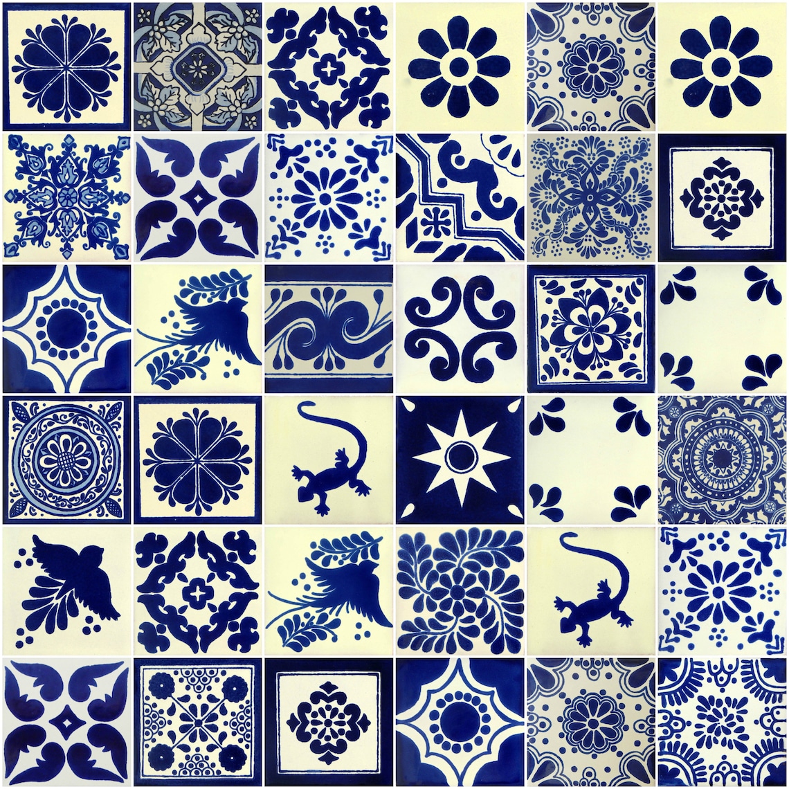 100 Piezas Talavera Mexicana Azulejos Hechos Azul & Blanco Diseños ...
