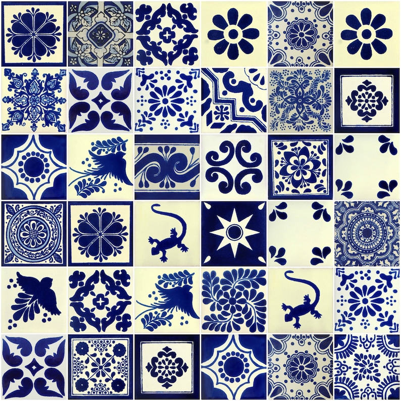 100 Piezas Talavera Mexicana Azulejos Hechos Azul & Blanco Diseños ...