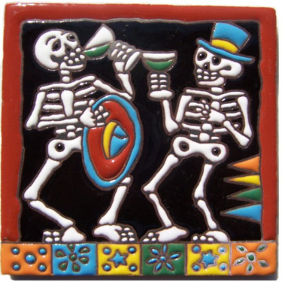 Handcrafted Day of the Dead Skeleton Tile Skull Drinking Wine Talavera ...