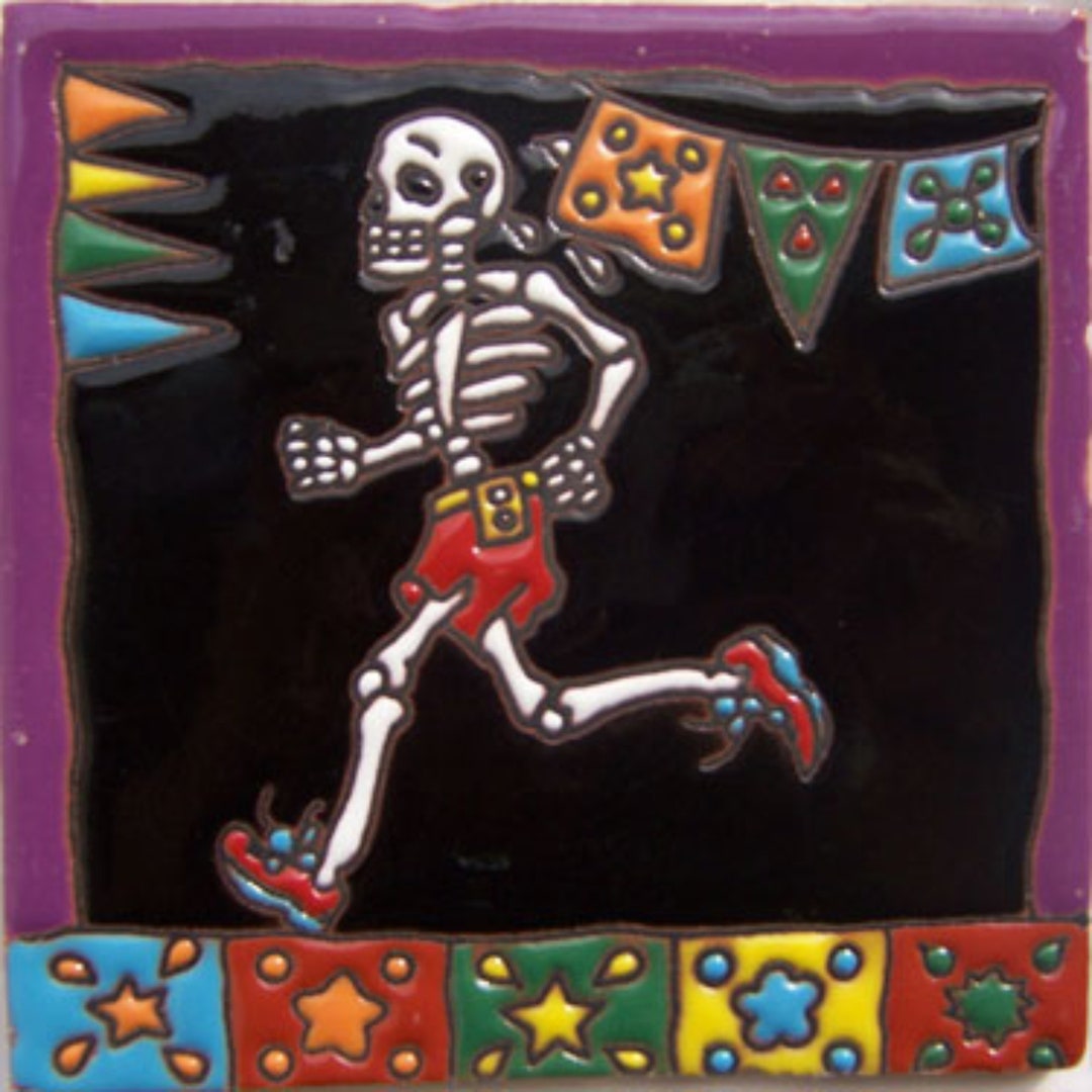 Handcrafted Day of the Dead Skeleton Tile Skull Running Talavera ...