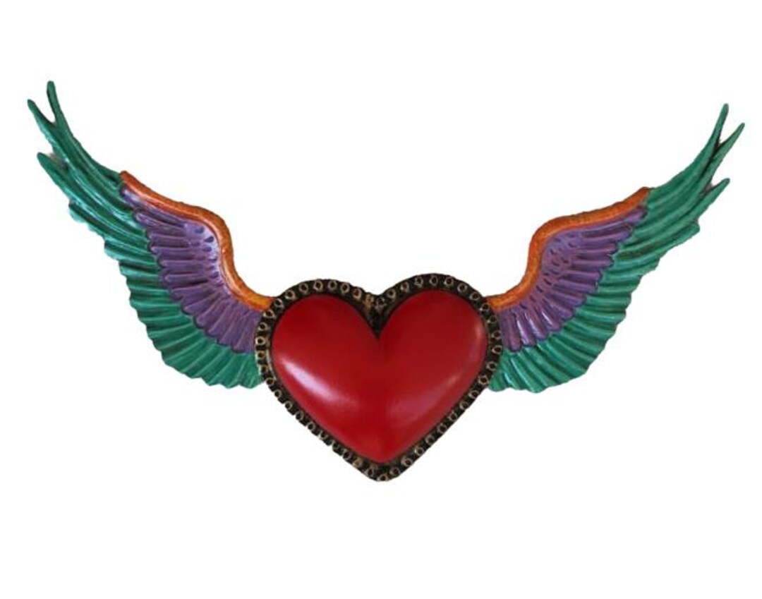 Mexican Tin Heart Wall Hanging Hand Punched Metal Winged Red Heart ... Mexican Tin Heart Wall Hanging Hand Punched Metal Winged Red Heart ...