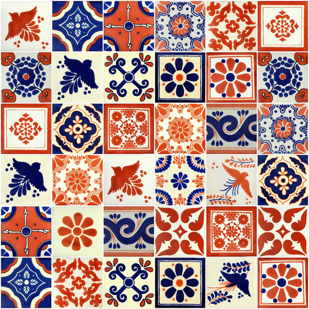 100 Pieces Mexican Talavera Tiles Handmade Terracotta & Blue Mixed ...