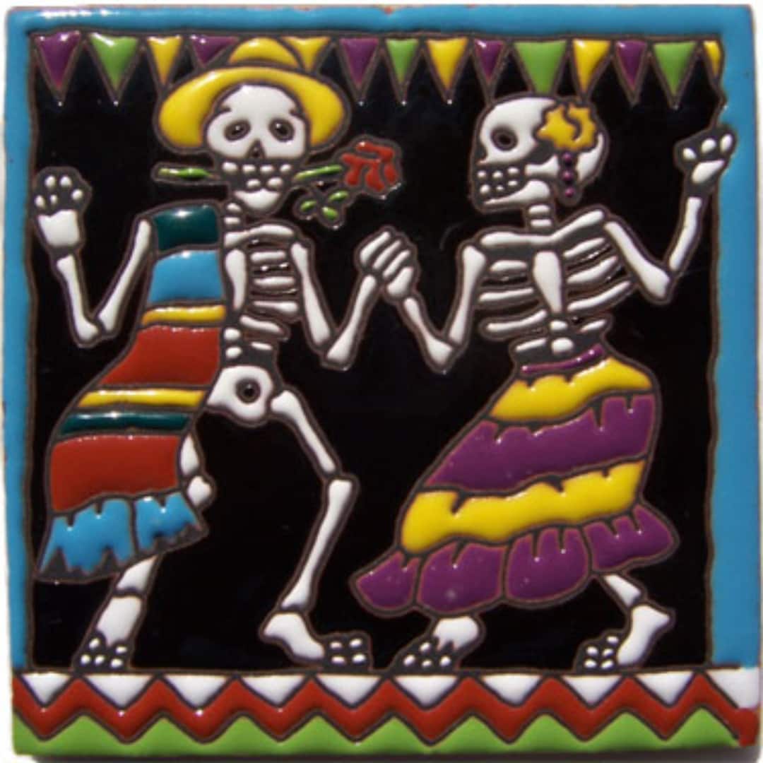 Handcrafted Day of the Dead Skeleton Tile Skull Couple Dancing Talavera ...