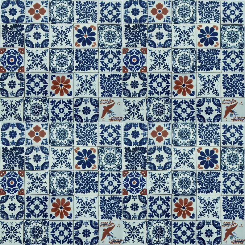100 Pieces Mexican Talavera Tiles Handmade Blue & Terracotta - Etsy