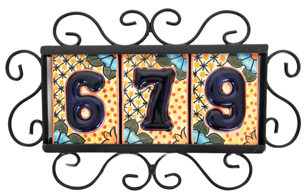 THREE HOUSE NUMBER Tiles Mexican Talavera & Iron Frame High Relief ...