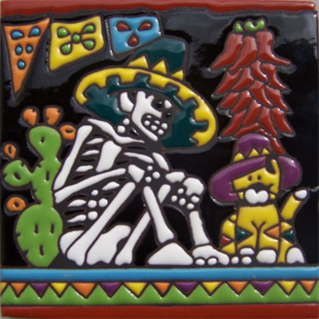 Handcrafted Day of the Dead Skeleton Tile Skull Cat Cactus Talavera ...