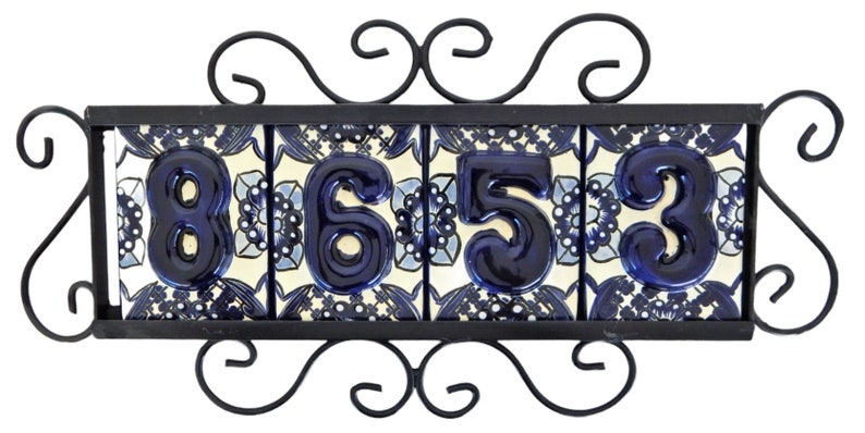 FOUR HOUSE NUMBER Tiles Mexican Talavera & Iron Frame High Relief House ...