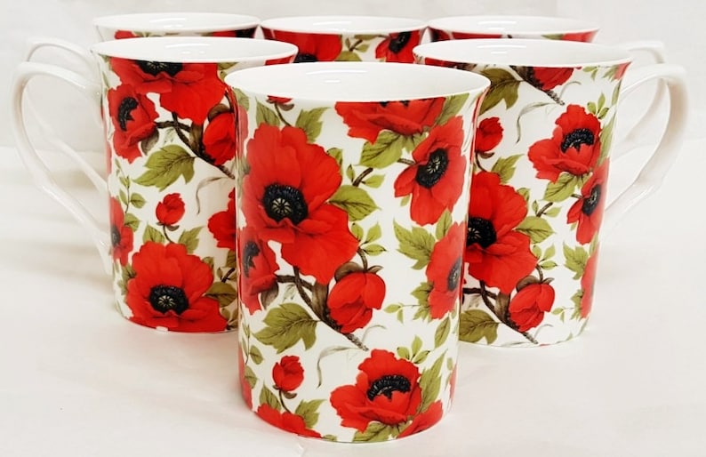 Red Poppy Mugs Set of 6 Fine Bone China Cups Hand Decorated in - Etsy UK