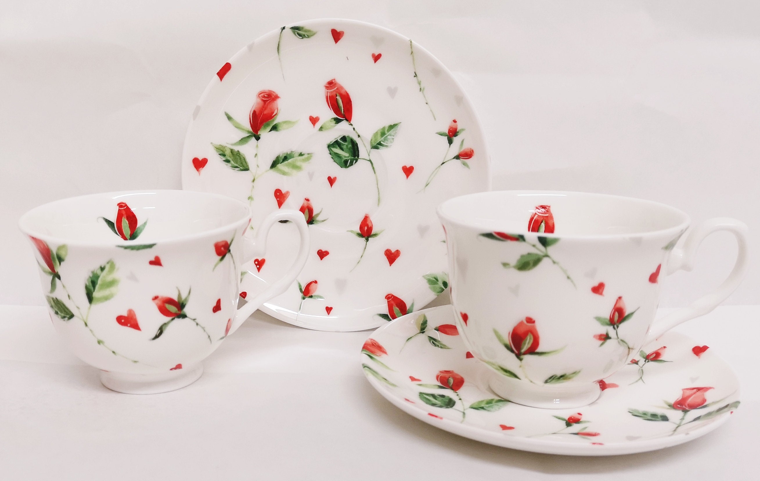 Hearts & Red Roses Tea Set for Two Fine Bone China 1 Teapot 2 | Etsy UK