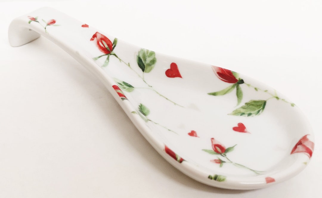 Hearts & Red Roses Spoon Rest Ceramic Porcelain Medium 22cm Spoon Hand ...