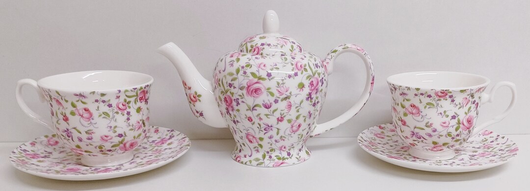 Royal Chelsea Tea Set for Two Fine Bone China Pink & Purple Flowers ...