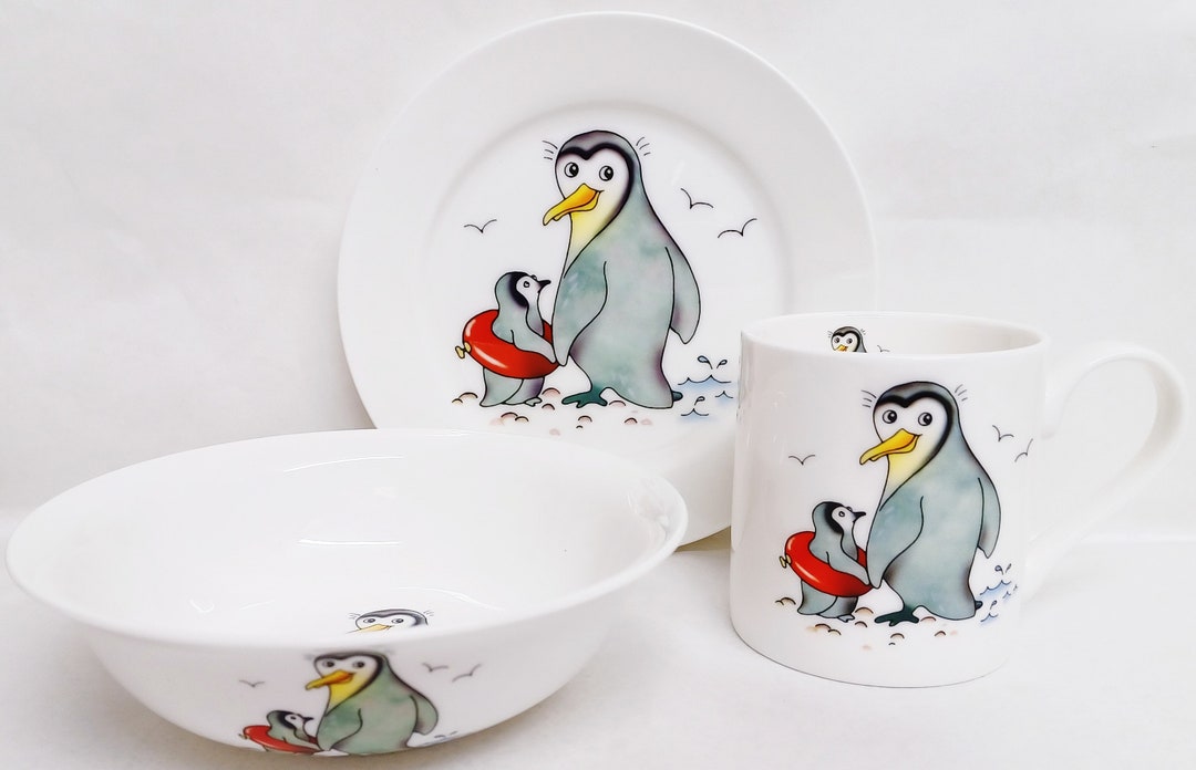 Penguins Go Swimming Breakfast Set 3 Piece Fine Bone China Kids ...