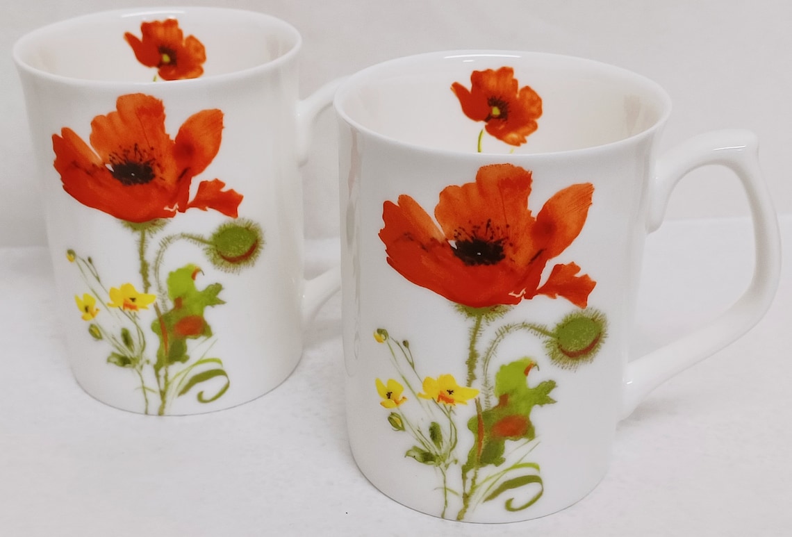 Poppy Mugs Set of 2 Bone China Red Floral 275 Ml 9.5oz Topaz Cups Hand ...