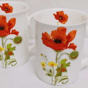 Poppy Mugs Set of 2 Bone China Red Floral 275 Ml 9.5oz Topaz Cups Hand ...