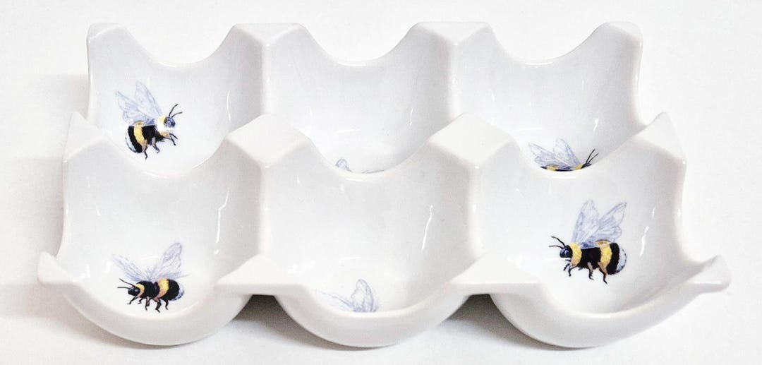 Elegant White Bumble Bees 6 Eggs Tray Porcelain Holder Half a Dozen ...