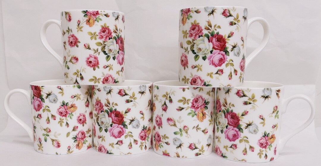 Garden Roses Mugs Set 6 Fine Bone China 9oz 275 Ml Balmoral Clear ...