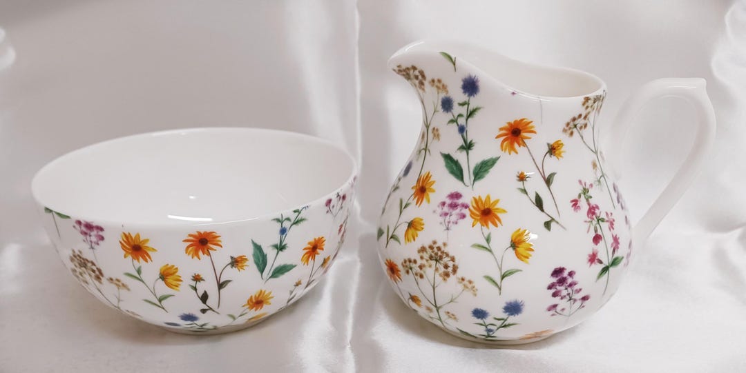 Meadow Flowers Cream/milk Jug and Sugar Bowl Fine Bone China Bright ...