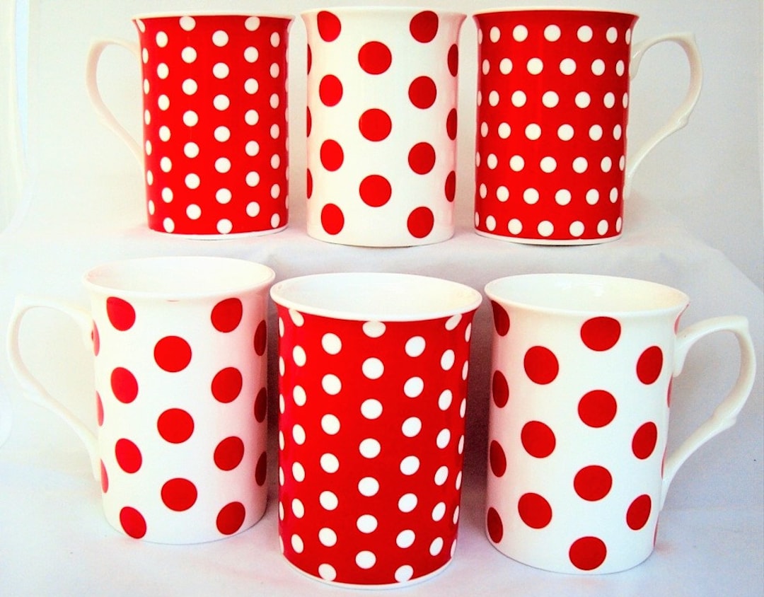 Red Dots & Spots Mugs Set of 6 Fine Bone China 300 Ml Spotty Cups Hand ...