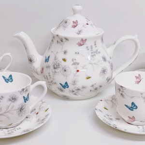Secret Garden Tea Set Fine Bone China Large Teapot 4 Cups and 4 Saucers ...