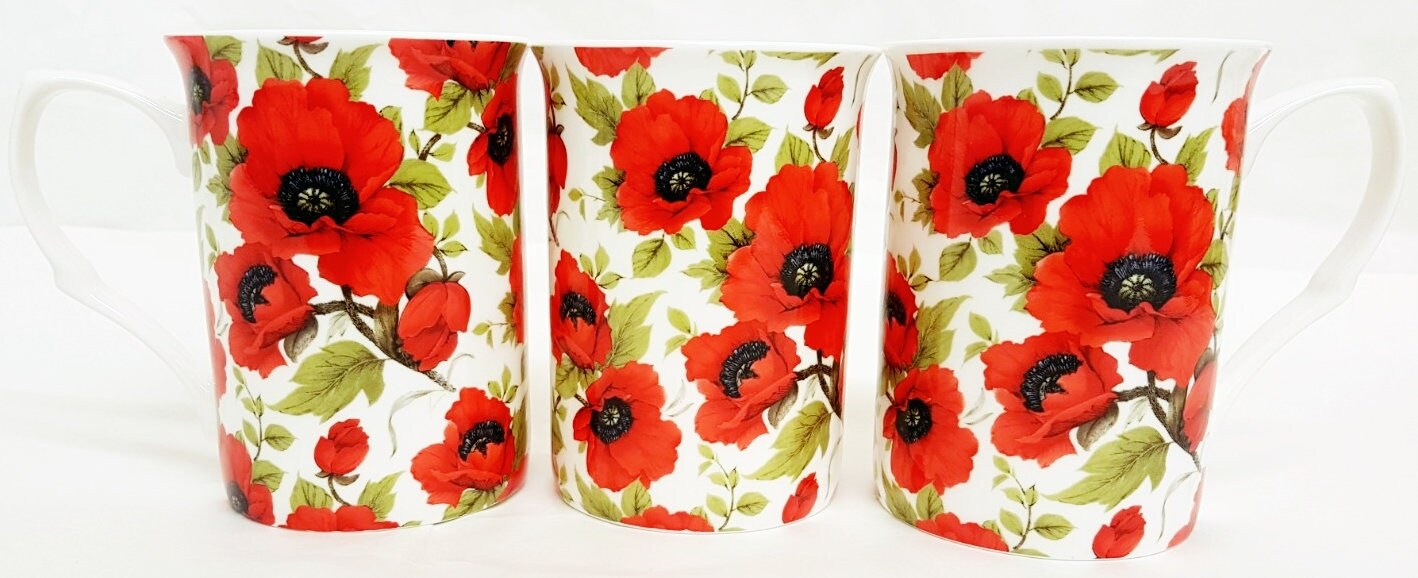 Red Poppy Mugs Set of 4 Fine Bone China Cups Hand Decorated in UK - Etsy UK